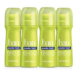 Ban Invisible Roll-on Antiperspirant Deodorant for Women and Men, 24-hour Underarm Odor & Sweat Protection, Powder Fresh, 3.5 Oz, Pack of 4