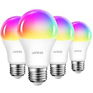 ANWIO 4-Pack Smart Light Bulbs 8.5W (60W Replacement) A19 E26 LED Bulb Work with Alexa, Google Assistant, Smart Life App, Tuya App, Color Changing, No Hub Required