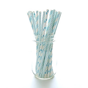 Boy/Girl Baby Shower Straws, Pink & Blue Paper Straws (50 Pack) - Twins or Unisex Straws, Barbershop Striped Straws, Baby Shower Party Favors