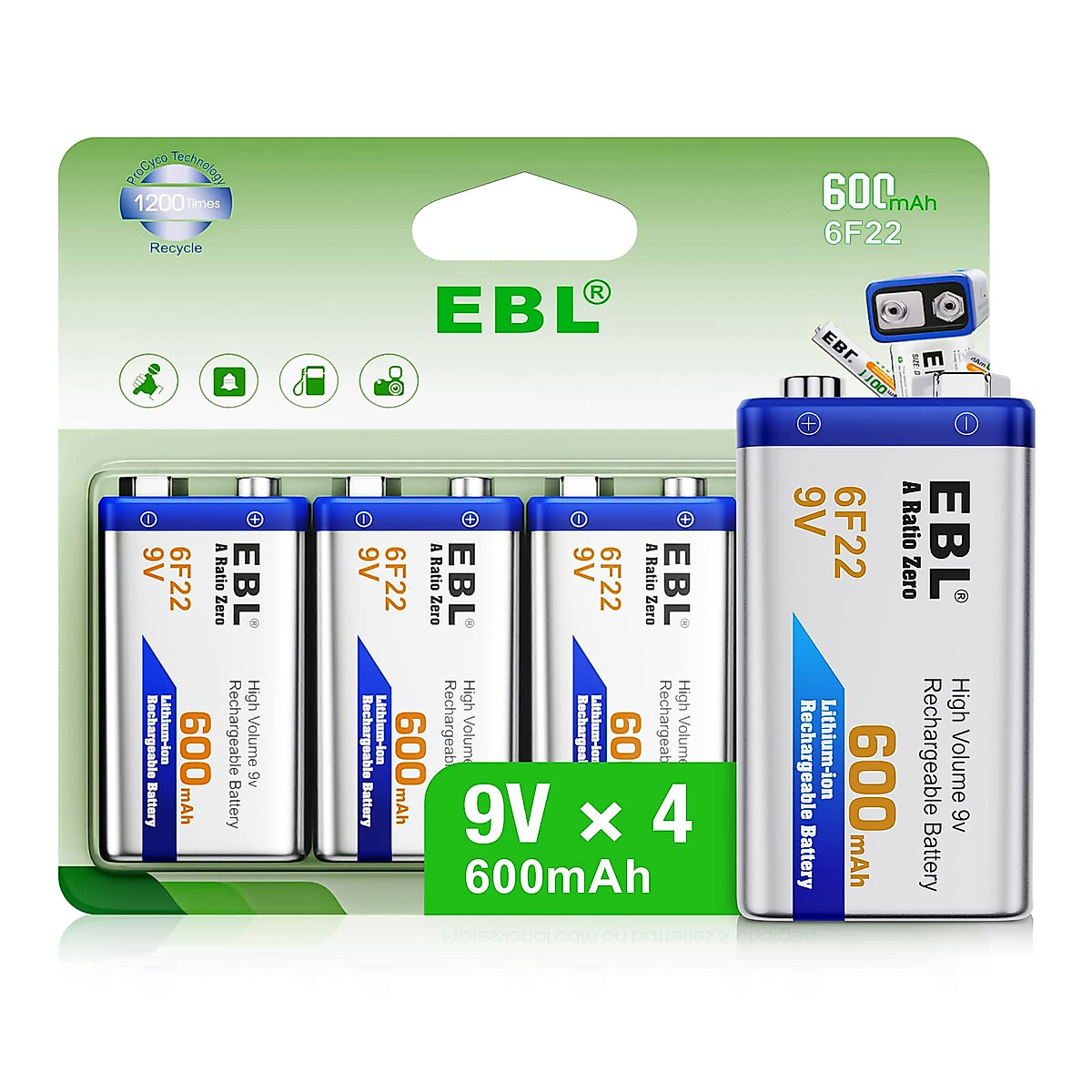 EBL 9V Batteries, Rechargeable 9V Battery 600mAh Lithium 6F22 Batteries for Smoke Detector, Long Lasting (4 Pack)