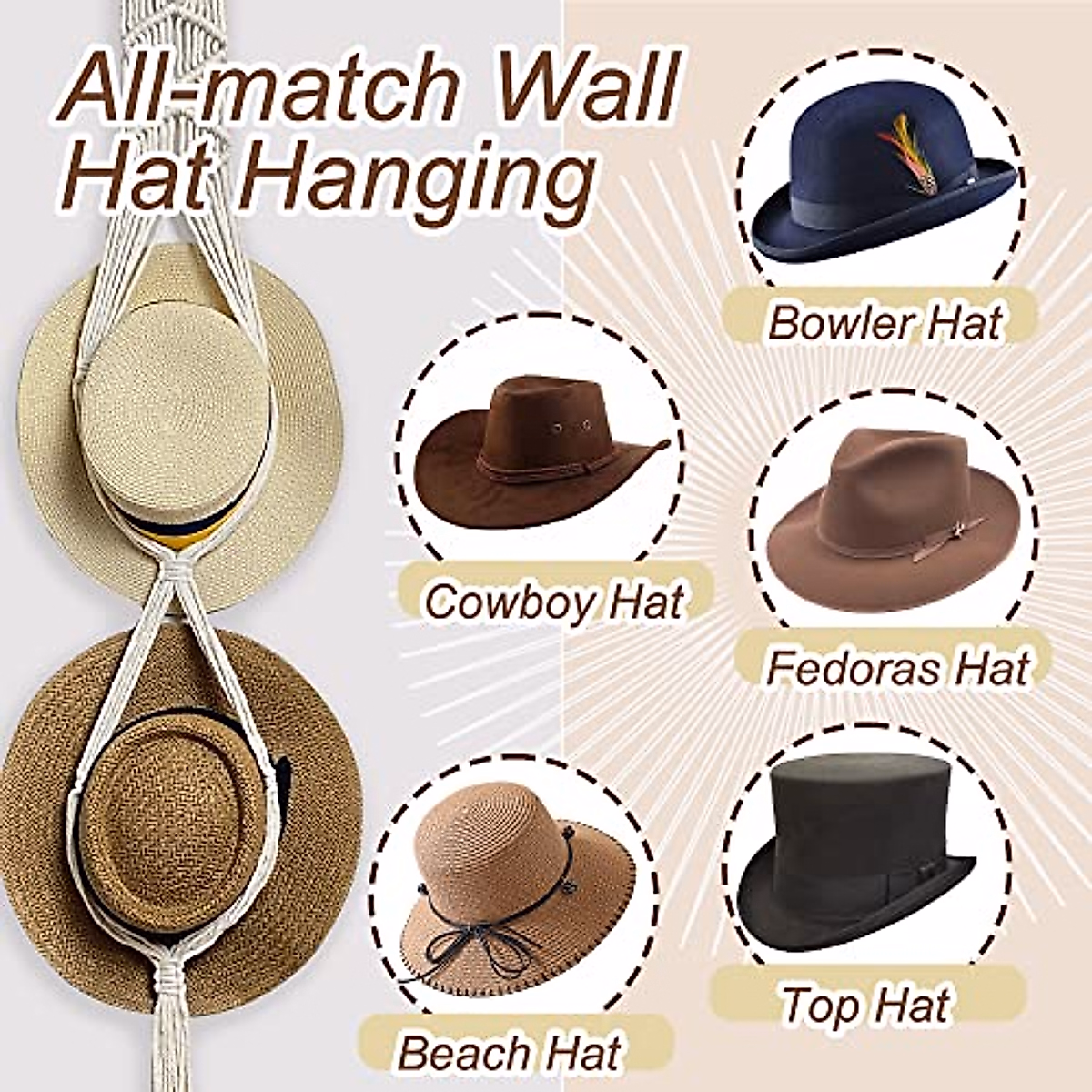 2 Pcs Boho Hat Racks for Wall, Macrame Hat Wall Hanger, Cowboy Hat Holder, Wall Hat Display Organizer Hand Weaving Hat Rack Decorative Cap Holder for Wide Brim (Boho, Off White)