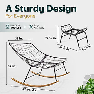 Bme Patio Rocking Chair Outdoor & Indoor with Ottoman, Metal Patio Lounge Rocking Chair with Thick Cushion, Comfy Modern Rocker Chair, Beige Cushion - Wood Texture Rocker