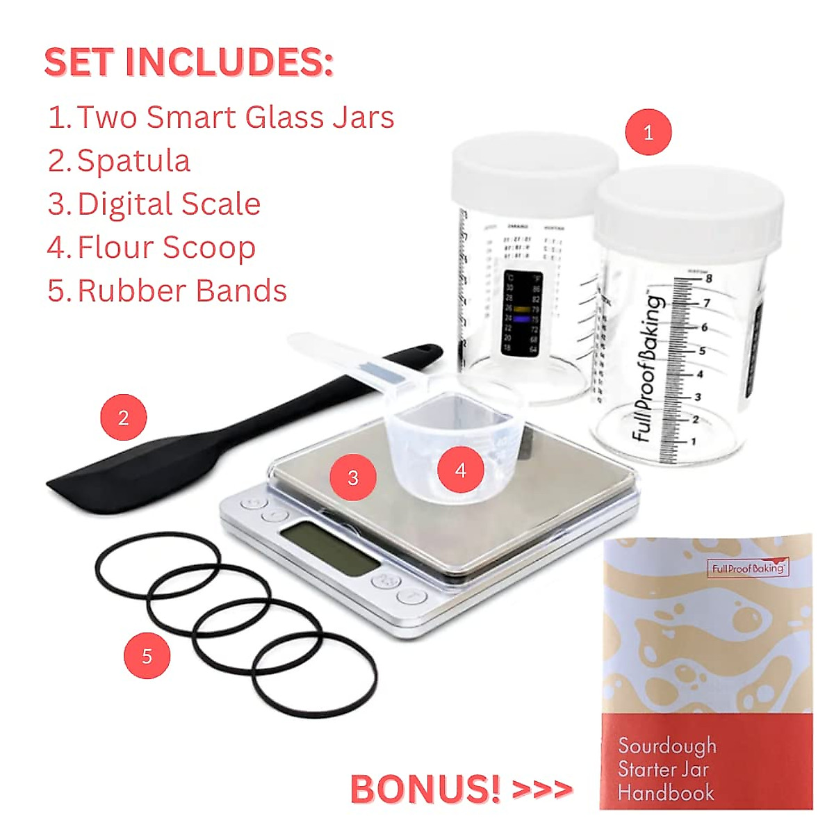 Full Proof Baking Sourdough Starter Kit | 1/2 Hour Guide Video (link) | Two 10oz Glass Smart Jars w/Thermometers, Rulers, Feeding Ratios | Digital Scale | Spatula and Scoop, (Starter Not Included)