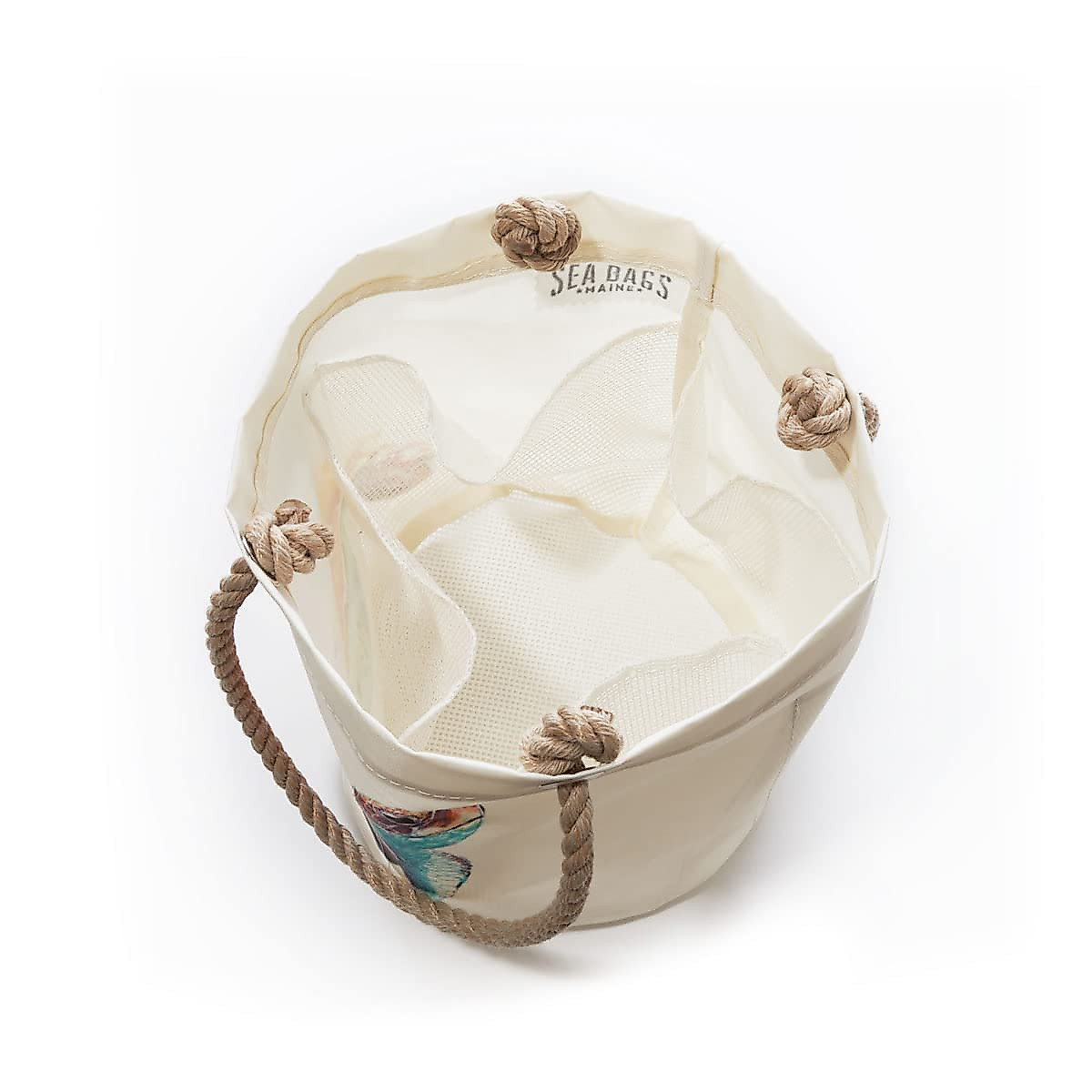 Sea Bags Recycled Sail Cloth Multicolor Sea Turtle Beachcomber Bucket Bag Seashell Bag, Sail Cloth Organizer Bucket Inside Pockets and Mesh Bottom