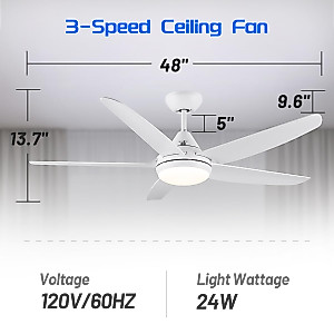 wurzee Ceiling Fans, 48 Inch, Modern Ceiling Fans 3-Speed, Reversible Motor, 24W LED, Dimmable Light, Timing 5 Blades, White Lighting & Ceiling Fans for Dining Room, Kitchen, Garage, Game Room
