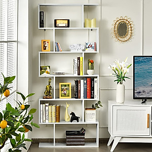 IFANNY 6 Tier S Shaped Bookshelf, Wooden Open Bookcase w/Anti-Tipping Device, Display Shelf Storage Organizer for Home, Office, Living Room, 31.5 x 9 x 75 inch