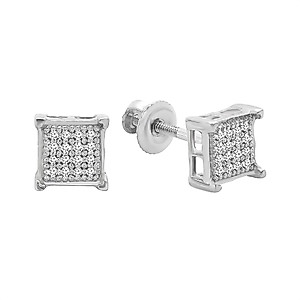 Dazzlingrock Collection Round White Diamond Square Hip Hop Iced Unisex Stud Earrings (0.06 ctw, Color I-J, Clarity I2-I3) in 925 Sterling Silver in Screw Back
