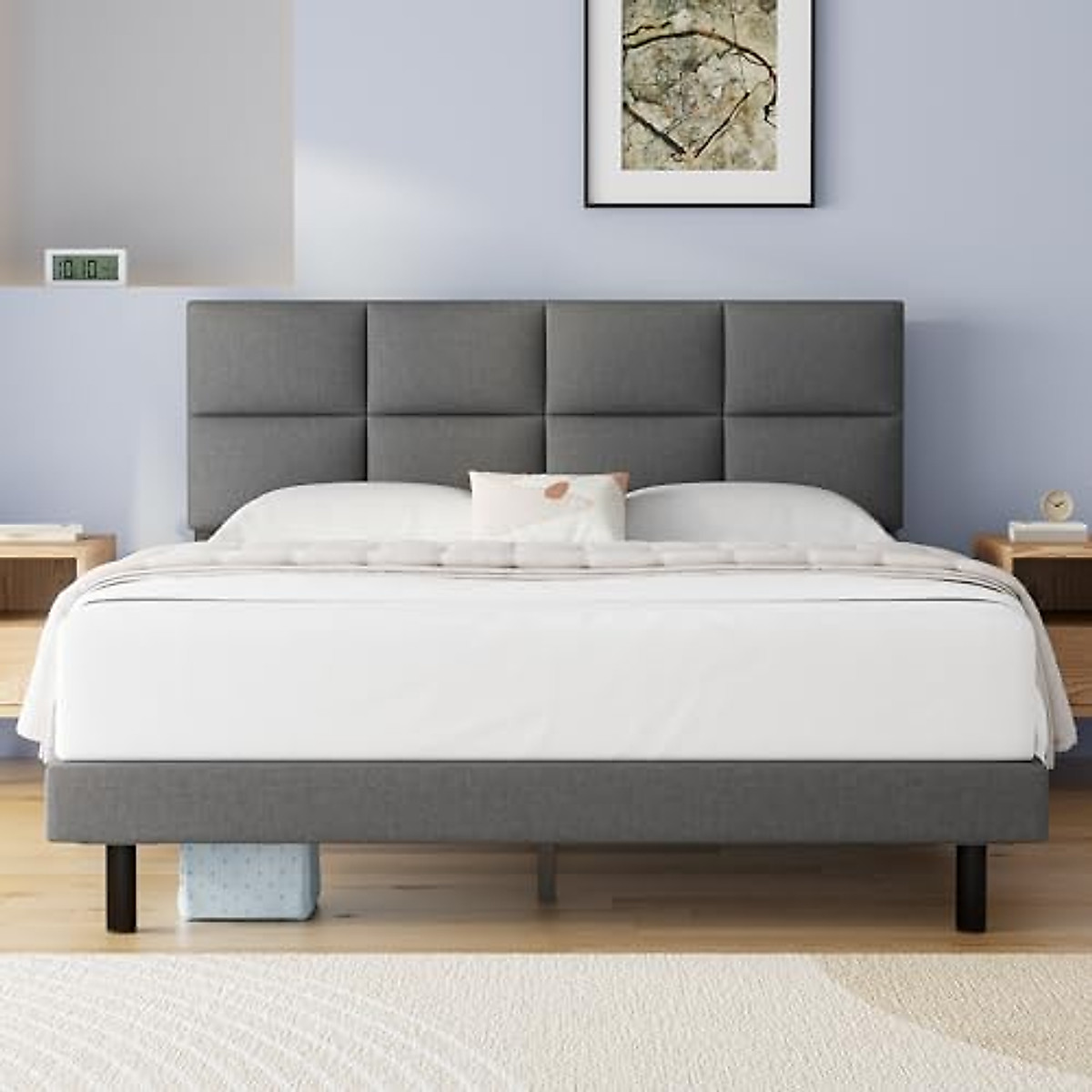 Molblly Queen Size Bed Frame with Upholstered Headboard, Strong Frame, and Wooden Slats Support, Non-Slip and Noise-Free, No Box Spring Needed, Easy Assembly, Dark Grey