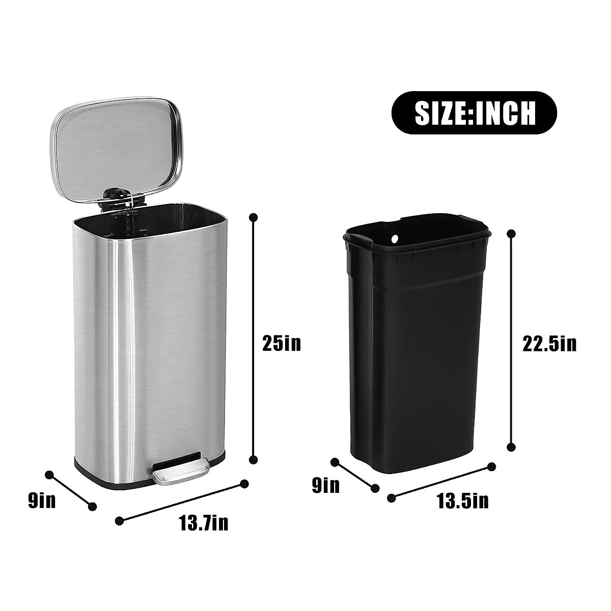 Kitchen Trash Can Brushed Stainless Steel 8 Gallon/30L Step Garbage Can Small & Tall Waste Basket with Lid & Plastic Inner Bucket Metal Pedal Recycle Rubbish Bin for Kitchen, Bathroom, Bedroom, Office
