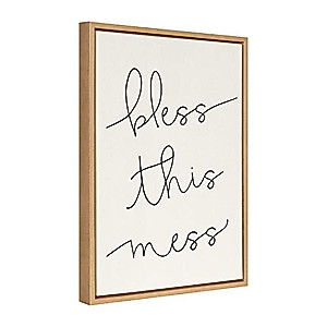 Kate and Laurel Sylvie Bless This Mess Framed Linen Textured Canvas Wall Art by Maggie Price of Hunt and Gather Goods, 18x24 Natural, Humorous Motivational Art for Wall