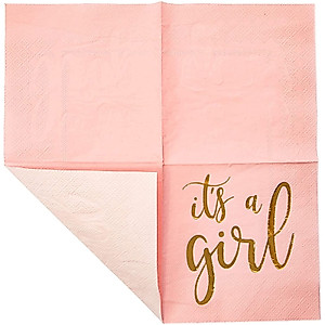 Sparkle and Bash 50 Pack It's a Girl Napkins for Baby Shower - Gold Foil Party Supplies (3 Ply, 5x5 In) - Baby Girl Napkins - Baby Shower Napkins - Its a Girl Cocktail Napkins