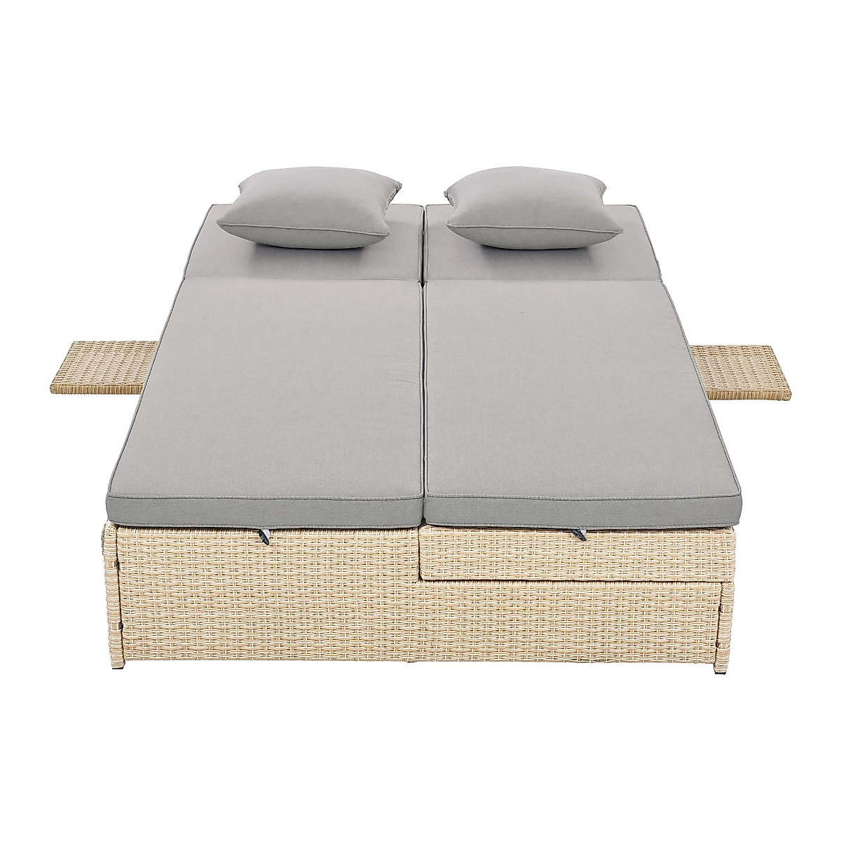 WILLIAMSPACE Outdoor Double Chaise Lounge Sunbed Patio Daybed with Adjustable Backrest & Cushions, Wicker Rattan Patio Reclining Daybed with Foldable Cup Trays for Lawn, Poolside (Brown)