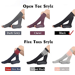 SOXURY Yoga Socks for Women Non Skid Thigh Highs Knee High Pilates Ballet Dance Toeless and Five Toes Long Calf Socks (Striped Black)