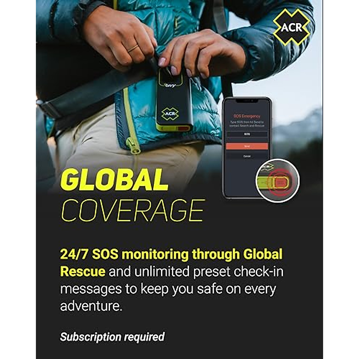 ACR Bivy Stick Satellite Communicator - Two-Way Global SMS, GPS Tracker for Hiking Safety, Off-Grid Communication, SOS Emergency Beacon, Satellite Messenger & Location Sharing - iOS/Android App
