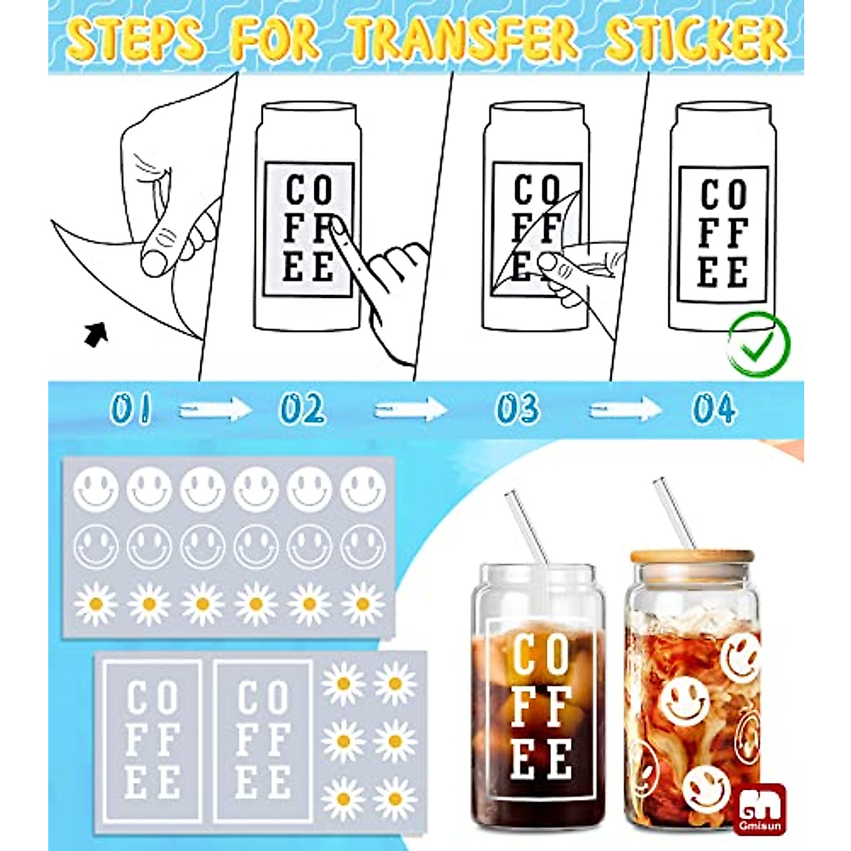 GMISUN Glass Cups with Lids and Straws, 16oz Iced Coffee Cup, Beer Can Glass with Lids and Straw, Drinking Glasses with Bamboo Lids Coffee Bar Accessories for Beer/Juice, Exclusive Transfer Labels