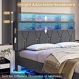 BTHFST Full Size Bed Frame with Outlets and USB Ports, Full Bed Frame with LED Lights, Upholstered Platform LED Bed Frame Full with Storage Shelf Headboard, No Box Spring Needed, Dark Grey