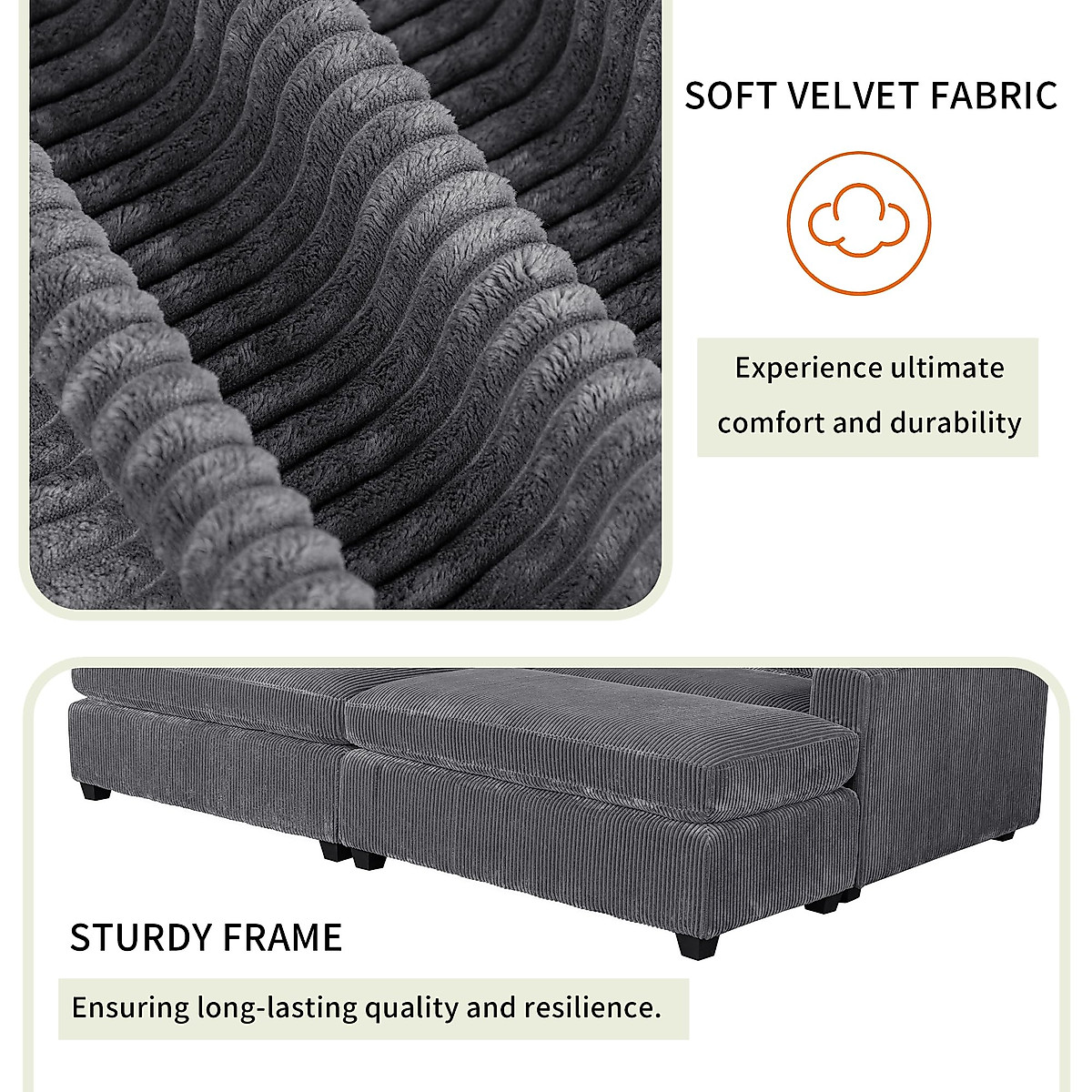 JIVOIT 90'' Square Arm Sofa with Two Detachable Ottomans, Velvet Fabric Sofa Set with Removable Back Cushions and 2 Pillows, Couch for Living Room, Office, Apartment (Grey * 037)