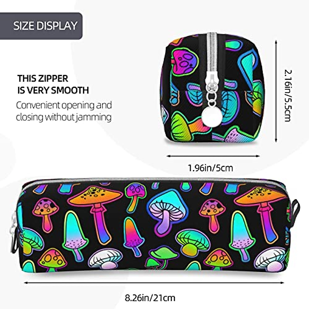 Colorful Mushroom Leather Pencil Case Bag for Girls Boys Lightweight Durable Pen Pouch with Brass Zipper, Organizer Box Change Coins Bag