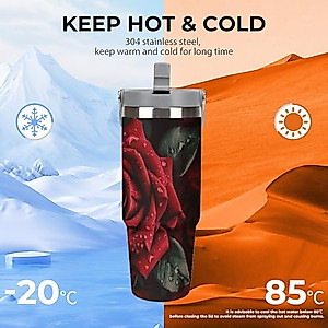 RTFGHJS Red Rose 30 Oz Tumbler with Handle And Flip Straw, Stainless Steel Vacuum Insulated Travel Mug, Thermal Cup for Coffee, Water, Iced Drinks, Fits Car Cup Holders (Home, Sports)