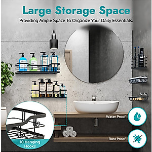 BIG TOMATO Shower Caddy, 5Pcs Self Adhesive, Rustproof Black Bathroom Shower Organizer w/ 8 Hooks, Soap Bar Holder & Toothbrush Holder, Drill-Free Shower Racks Organization & Kitchen Storage