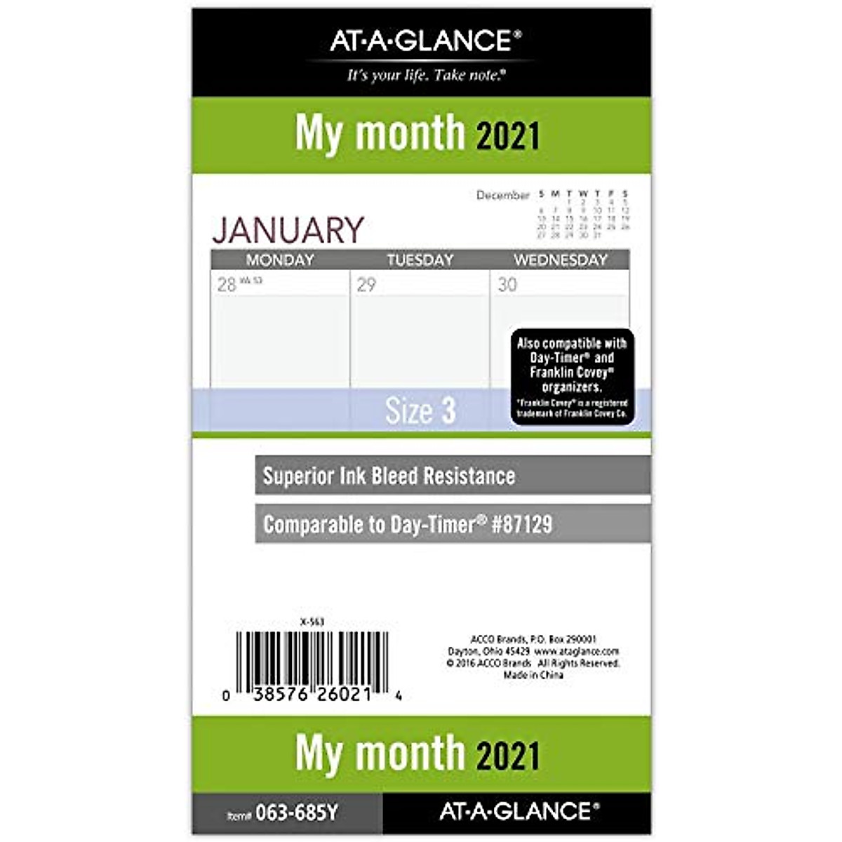 2021 Monthly Planner Refill by AT-A-GLANCE, 87129 DAY-TIMER, 3-3/4" x 6-3/4", Size 3 (063-685Y)