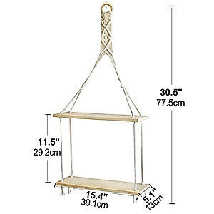 Mazjoaru Macrame Wall Hanging Shelves, Boho Handmade White Shelf Cotton Rope Sturdy Wooden Mounted Cute Decor Display Storage for Plant Bathroom Bedroom Living Room Office-2 Tier