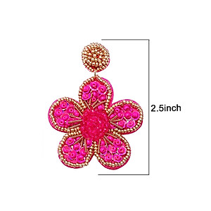 Beaded Drop Earrings Statement Colorful Beaded Flower Earrings Handmade Bohemia Tropical Beadwork Dangle Earrings For Woman (rose red)