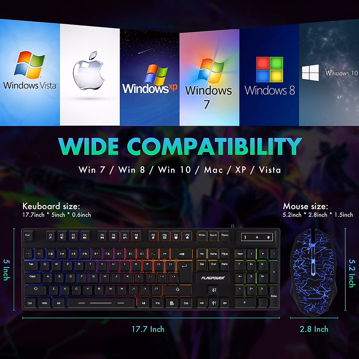 FLAGPOWER RGB Gaming Keyboard and Breathing Mouse Combo, Adjutable ...