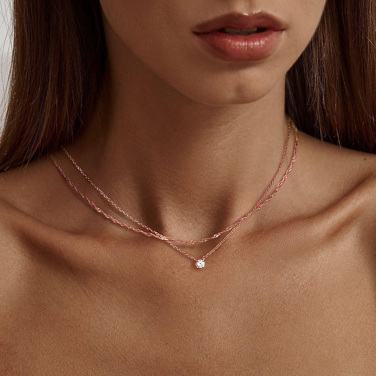 Tewiky Rose Gold Necklace, 14k Rose Gold Plated Layered Diamond Necklaces, Chain Choker Necklaces for Women CZ Solitaire Simple Rose Gold Jewelry for Womens