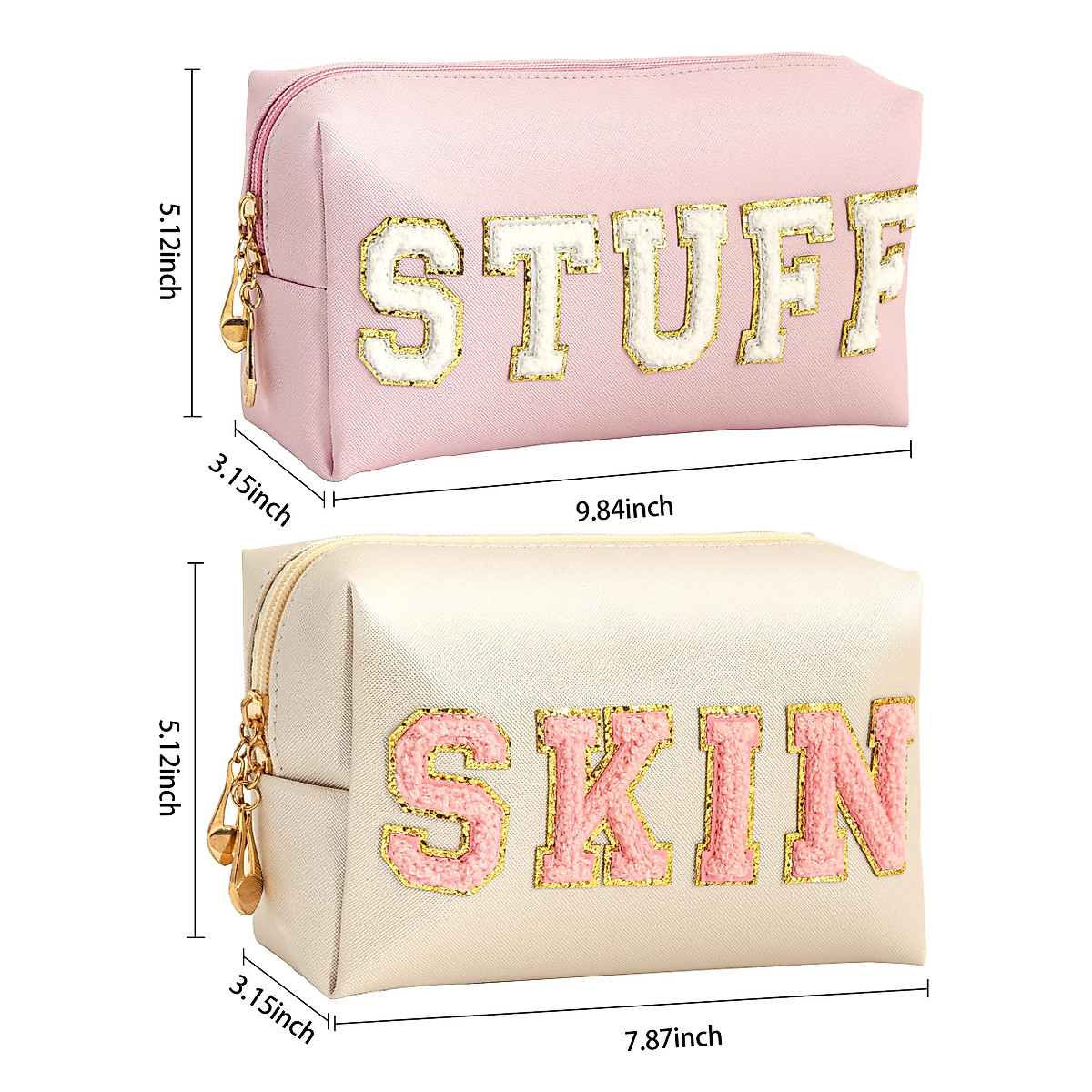 HBlife Pack of 3 Preppy Makeup Bag PU Leather Travel Toiletry Bag Set for Women Portable Chenille Letter Cosmetic Bag Waterproof Pouch Cute Zipper Organizer, Stuff, Skin and Hair