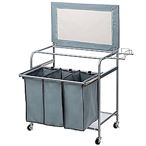 ALIMORDEN Laundry Sorter with Ironing Board Iron Rack Rolling Laundry Basket with Side pull 3-Bag Heavy-Duty Laundry Room Organizer Clothes Hamper with 4 Wheels and lid Blue Grey