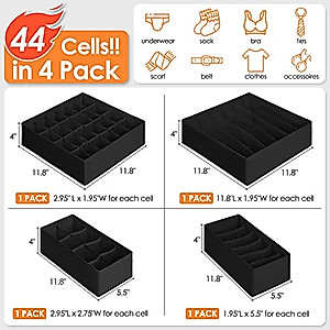 Criusia 4 Pack Sock Underwear Organizer Dividers, 44 Cell Drawer Organizers for Clothing, Foldable Closet Organizers and Storage for Bras, Socks, Underwear, Ties (Black)