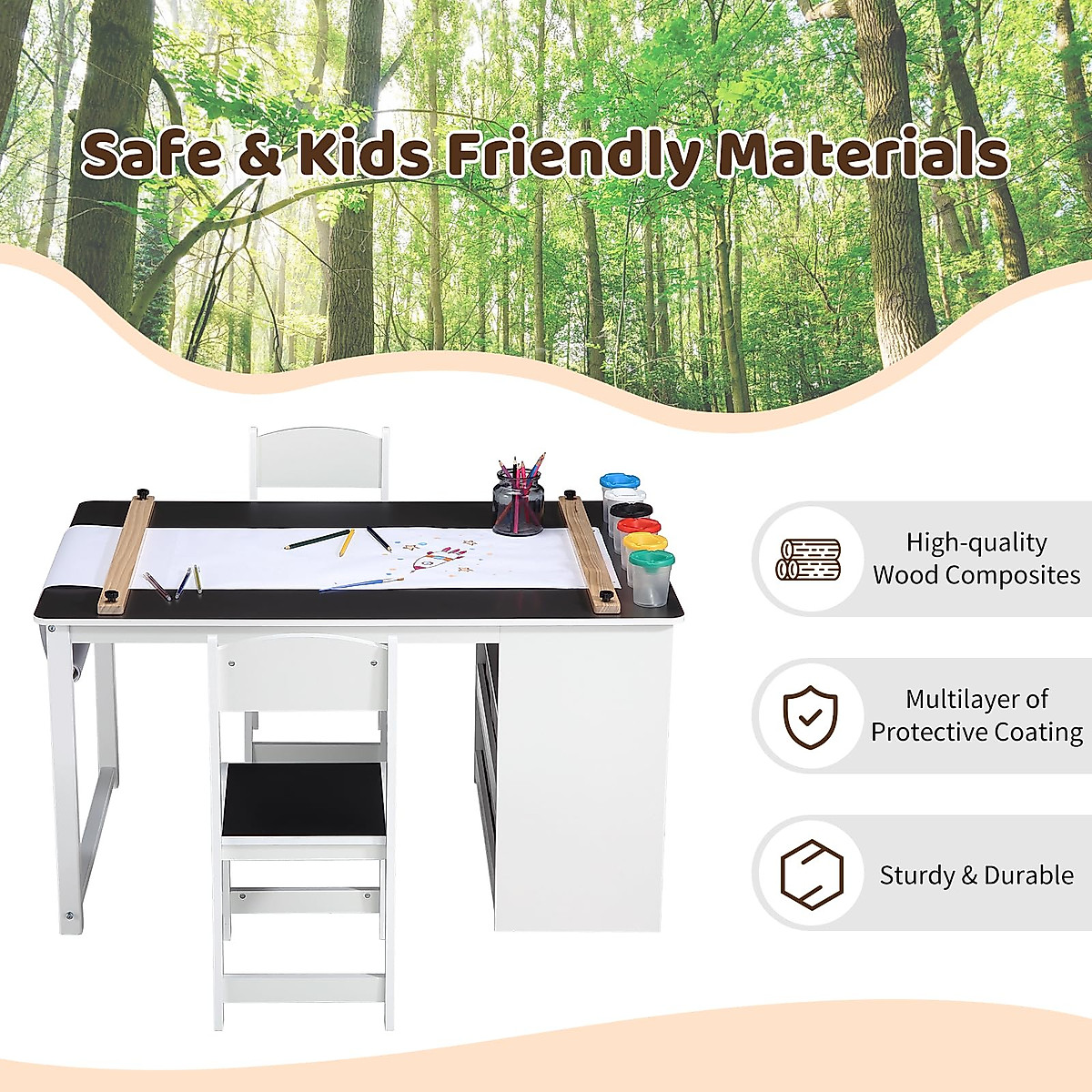Kids Art Table and 2 Chairs,Toddler Craft and Play Wood Activity Table With Storage Bins, Drawing Desk, Kids Activity Table and Study Table, Activity & Crafts for Children Wooden Furniture (Grey)