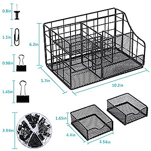 DEZZIE Desk Organizers and Accessories, Mesh Desk Organizer with 2 Sliding Drawers, Office Supplies and Organizers with 7 Compartments + 72 Clips Set, Black Desktop Organizer for Home, School,Office