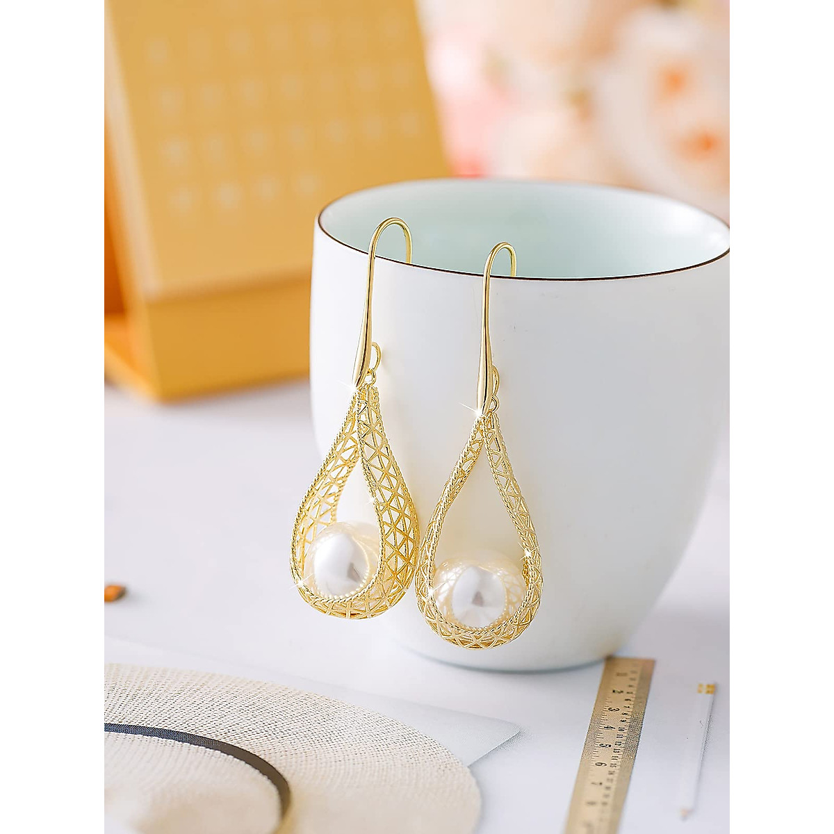 Big White Pearl Dangle Pierced Earrings for Women (White-14K Gold)