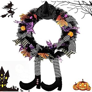 Alyken Halloween Wreath for Front Door, 24''Halloween Door Wreath with Witch Hat and Legs, Super Cute Halloween Decor, for Front Door, Window, Indoors, Halloween Home Party Decorations
