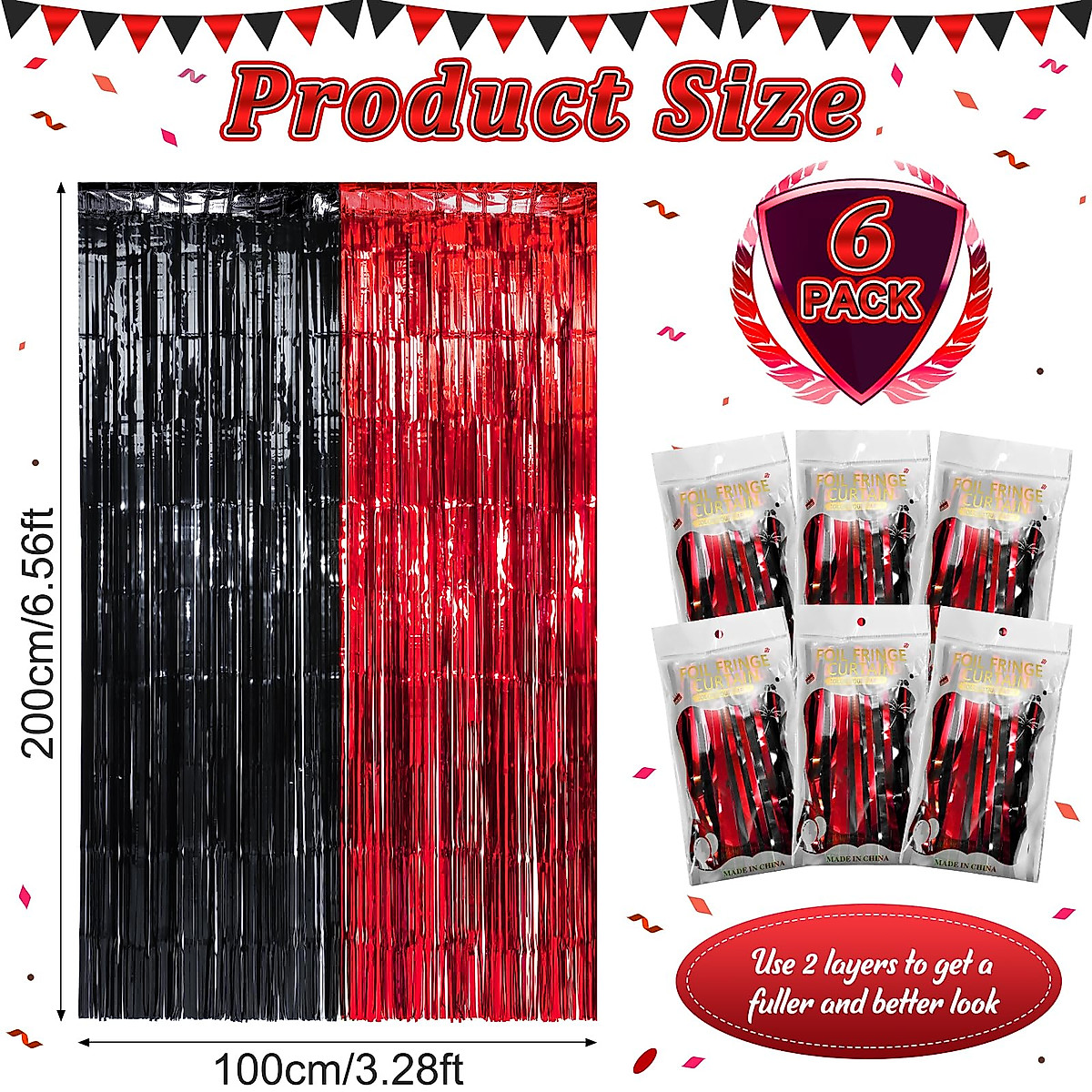 6 Pack 3.3Ft x 6.6Ft Graduation Foil Fringe Curtain Backdrop Decorations, Red Black Metallic Tinsel Foil Streamers Curtain Photo Booth Background for Graduation Prom Wedding Birthday Party Decorations