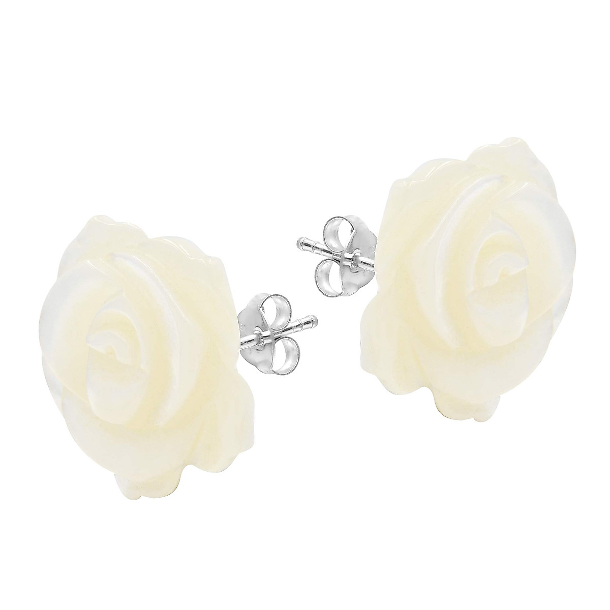 Delicate Pure White Rose Carved from Mother of Pearl Stud Earrings