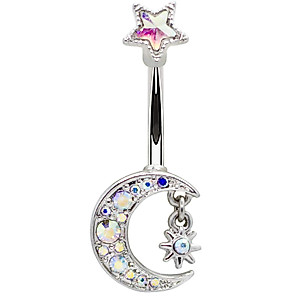 Pierce2GO Crystal Moon Belly Button Ring - 14G Surgical Steel Belly Button Ring Moon Pendant with Hanging Star - Belly Button Rings Piercing for Women – 7/16” (Silver)