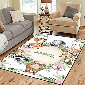 Greenery Wild Animals Personalized Non-Slip Area Rug Fiber Custom Carpet Name Text Floor Mat 5.2'x7.5' for Bedroom Living Room Home Decoration
