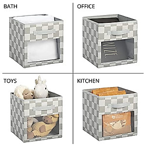 mDesign Fabric Nursery/Playroom Closet Storage Organizer Bin Box, Front Handle/Window for Cube Furniture Shelving Unit, Hold Toys, Clothes, Diapers, Bibs, 4 Pack, Gray Checkered