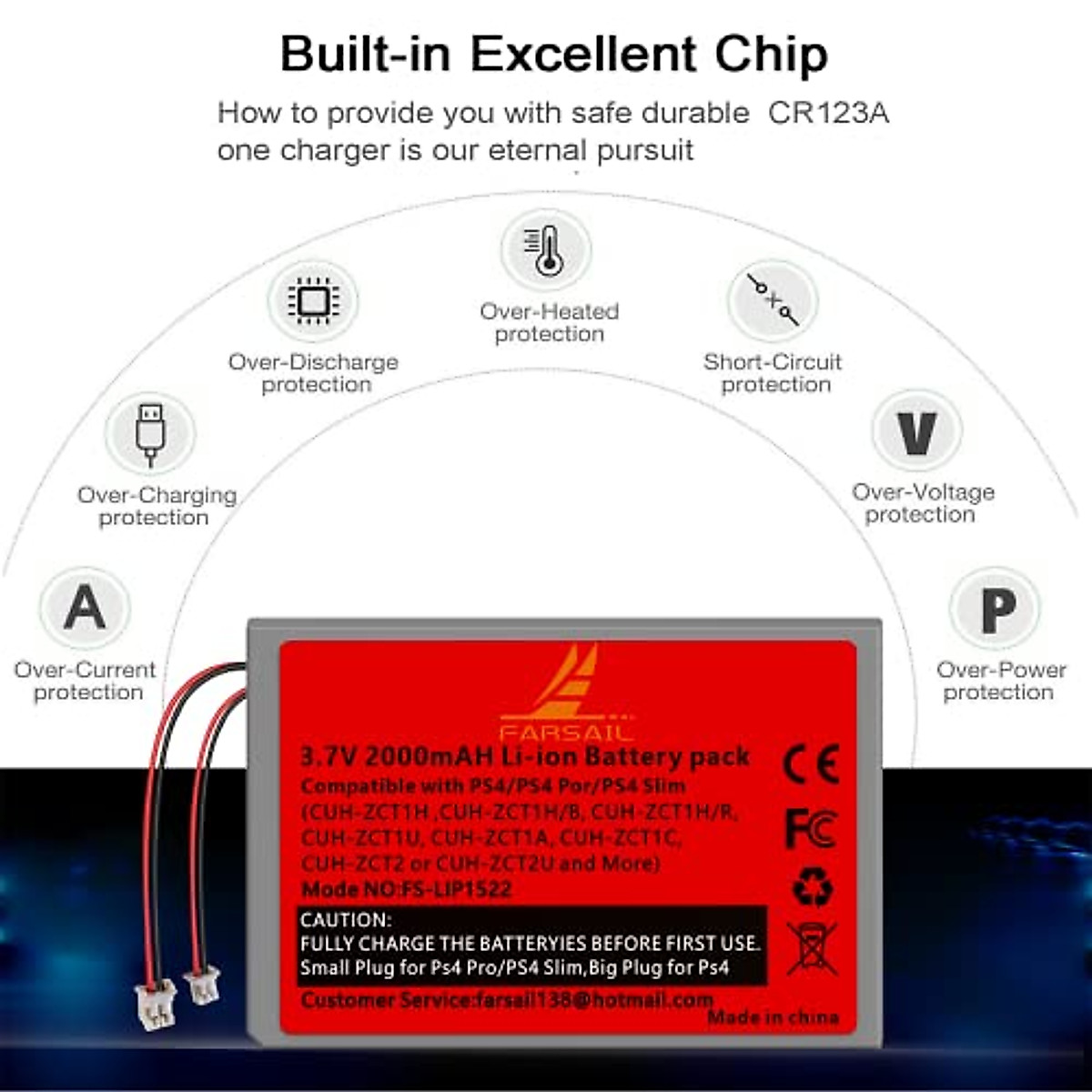 FARSAIL Rechargeable Batteries for PS4 Controller, 1-Pack 2000mAh LIP1522 PS4 Battery Replacement with Big and Small Plug for Playstation 4 PS4 Dualshock 4 Wireless Controller