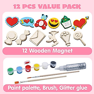 JOYIN 12Pcs Valentines Day Wooden Magnet Painting Craft Tools for Kids Paint Your Own Wood Magnets for Kids 4-8 Creativity Arts & Crafts Painting Tools Birthday Parties, Family Crafts Classroom Prize
