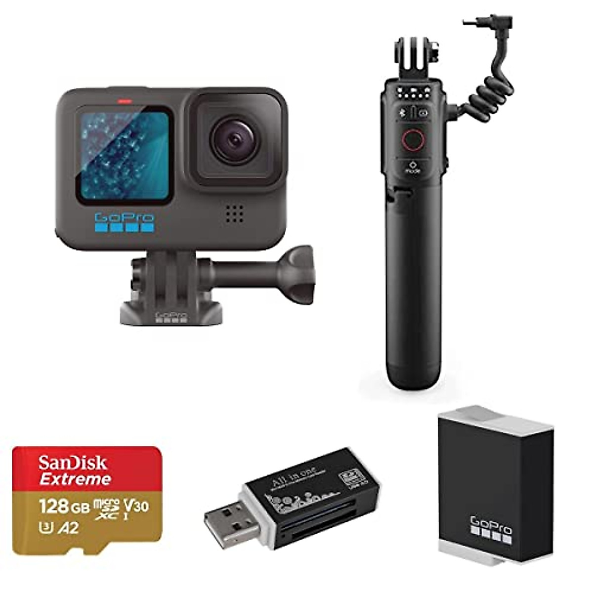 GoPro HERO11 Black Waterproof Action Camera Vlogging Bundle with Volta 4900mAh Battery Grip with Built-in Tripod Legs, 128GB microSD Card, Extra Battery, Multi Card Reader