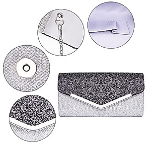 Larcenciel Clutch Purses for Women, Shiny Sequin Envelope Clutch Evening Bag w/Chain, Fashion Shoulder Crossbody Handbags Party Prom Purse Bride Wedding Guest Clutch Dress Carry on Bag (Sliver Black)