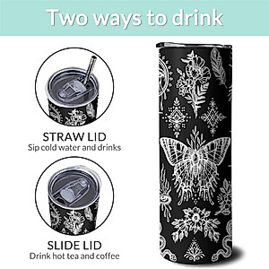 owbgsdh 20 oz Goth Skinny Tumblers with Lid and Straw, Butterfly Stainless Steel Vacuum Insulated Travel Coffee Mug Cup Water Bottle, Gothic Decor Stuff Accessories, Gifts for Women Girls Goth Lover