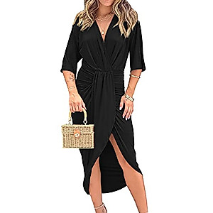 PRETTYGARDEN Women's 2023 Summer Ruched Bodycon Dress Short Sleeve Twist Front V Neck Split Wrap Midi Dresses (Black,Large)