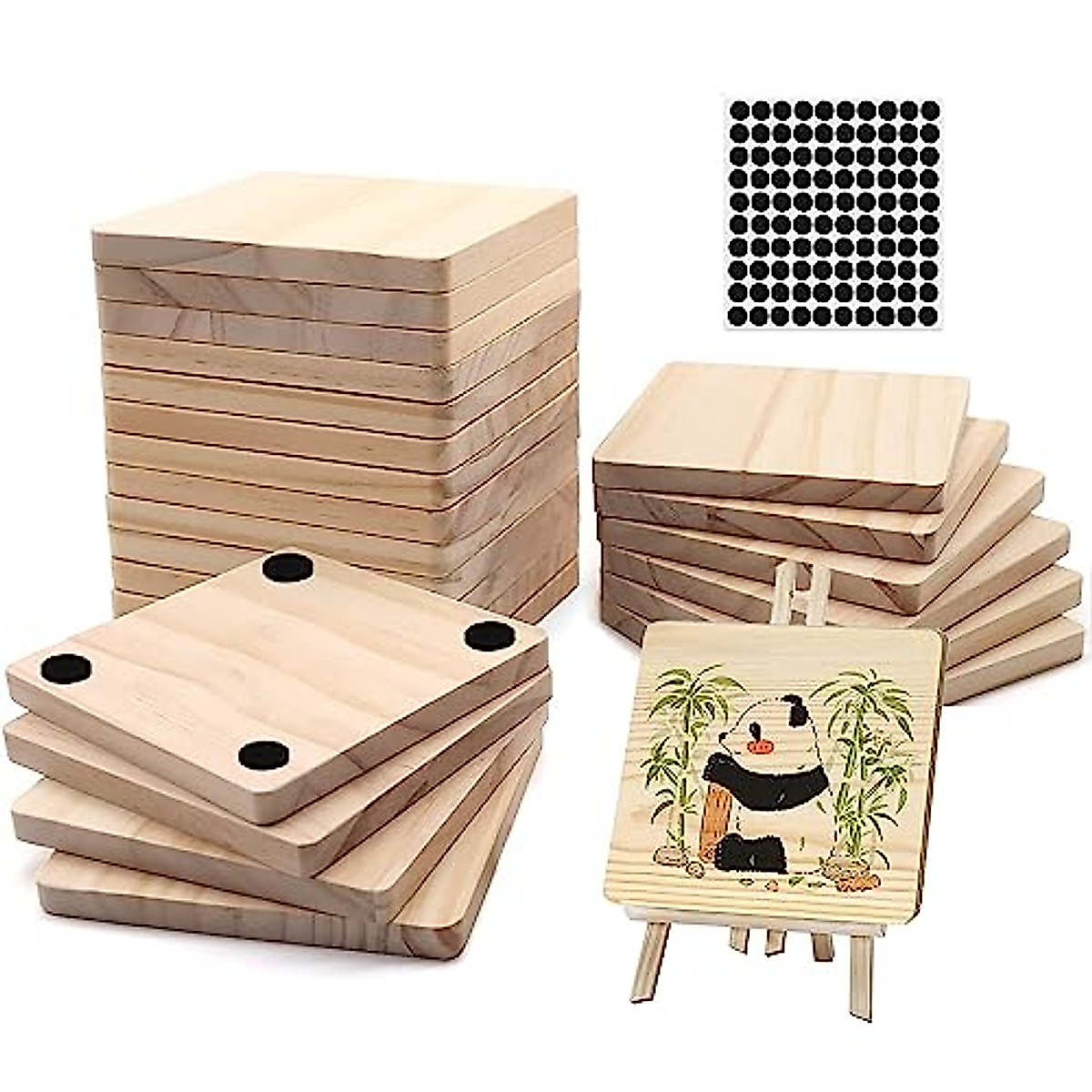 24 PCS Unfinished Square Wood Coasters, 4 Inch Blank Wooden Coasters with 100 Pcs Self Adhesive Non Slip Foam Dots, Wood Slices for DIY Crafts Painting Engraving Home Decoration