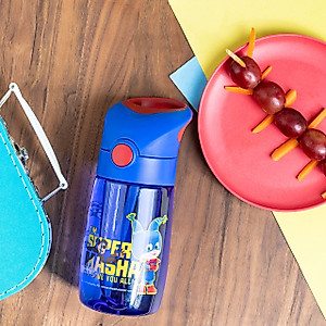 Masha and the Bear 14oz Kids Water Bottle With Straw - Spill Proof Straw Valve, Pop Button, BPA Free Water Bottle for Kids School - Featuring Soft Silicone Handle Grip - Children's Drinkware - Blue