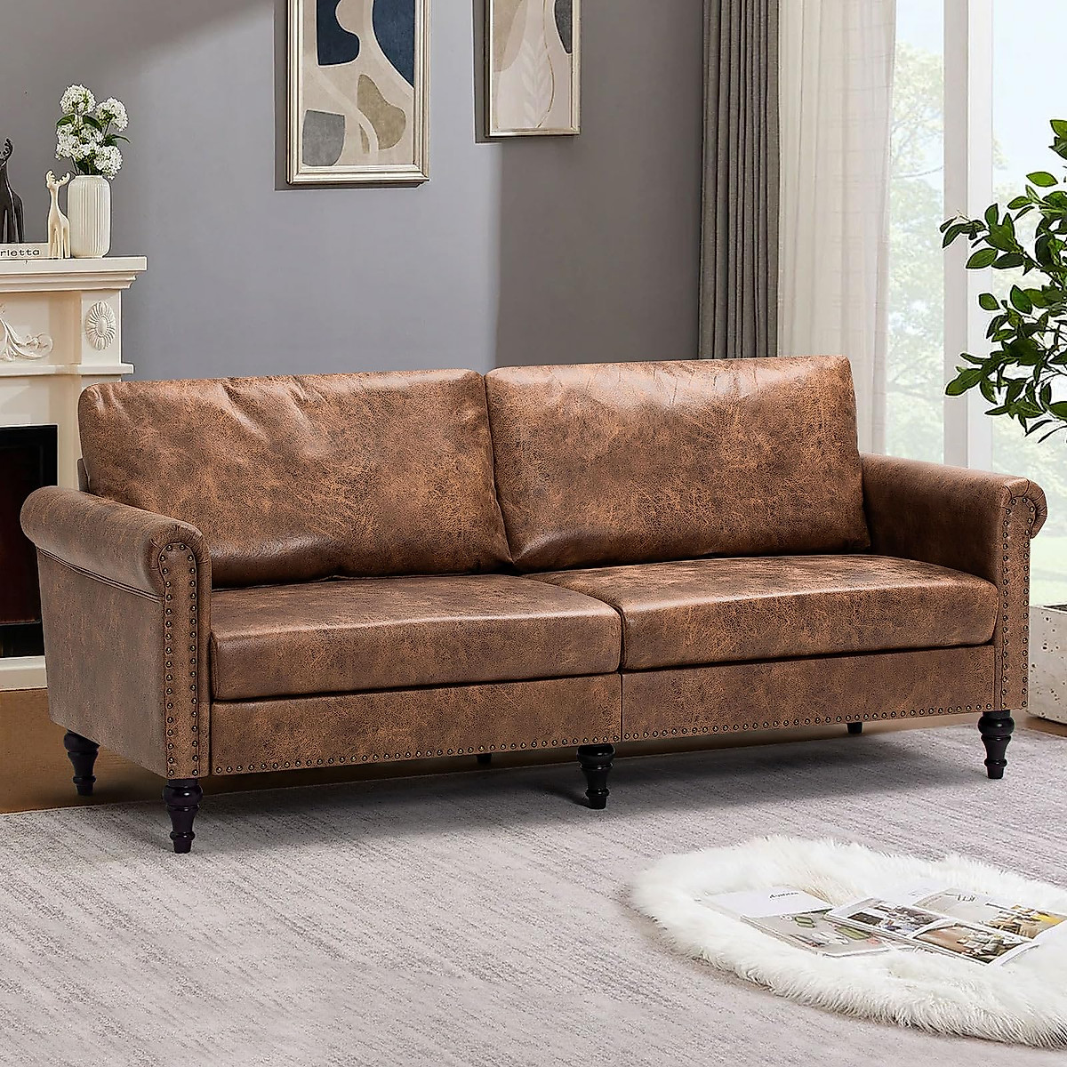 ACMEASE 80” Faux Leather Sofa with Nailhead Trim, Traditional 2 Seater Couch with Rolled Arms, Upholstered Loveseat Sofa for Living Room, Apartment, Studio, Office, Brown
